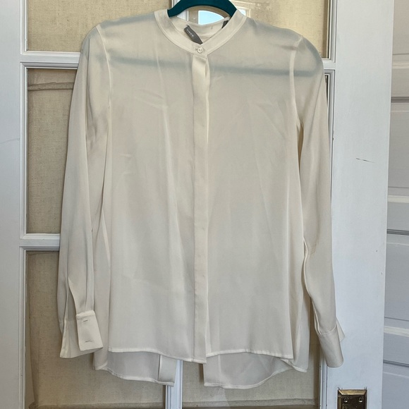 Vince | Tops | Vince Blouse Cream Silk Opensplit Back Mandarin Collar ...